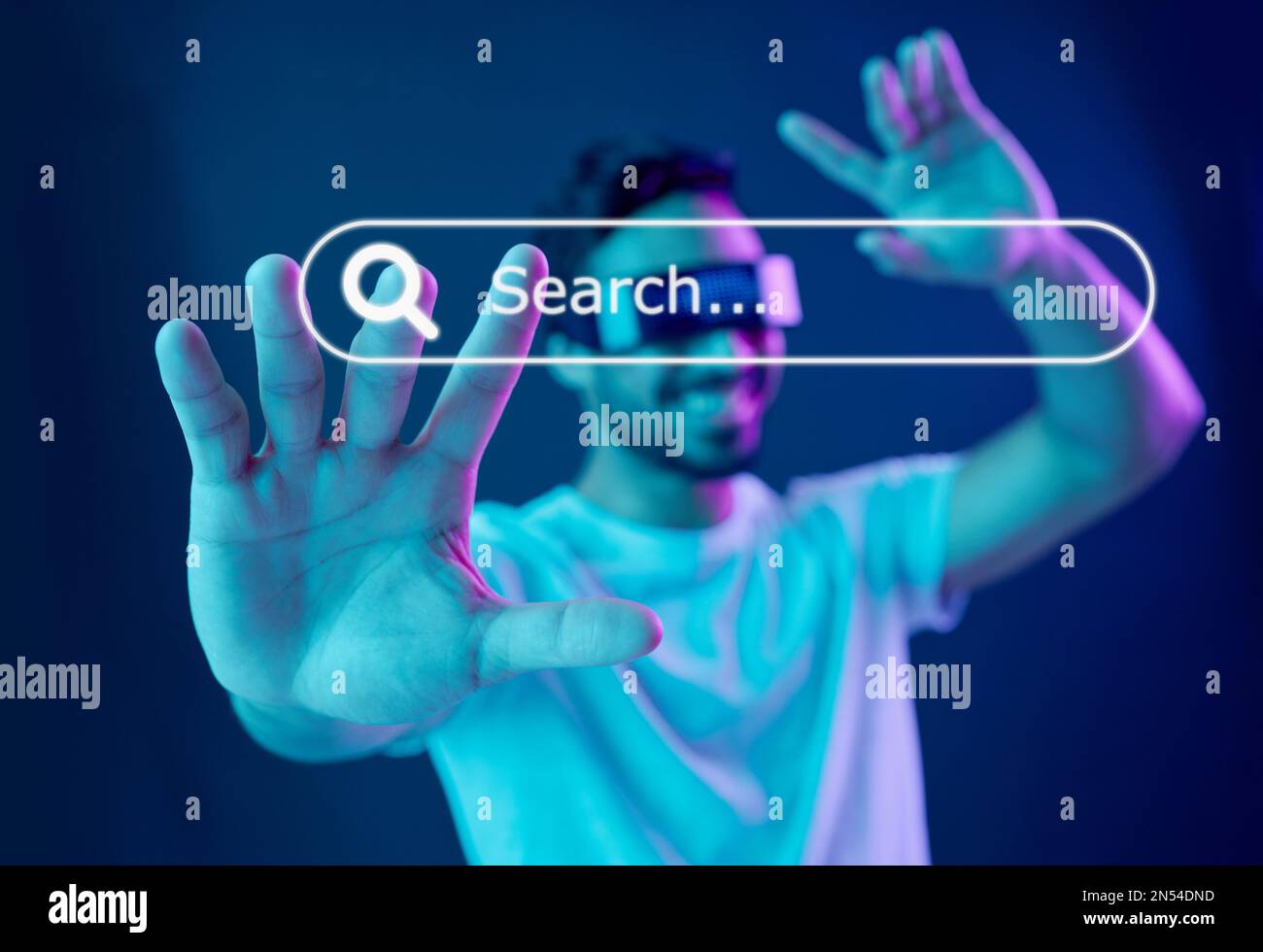 Futuristic, search engine or man in metaverse on purple background ...