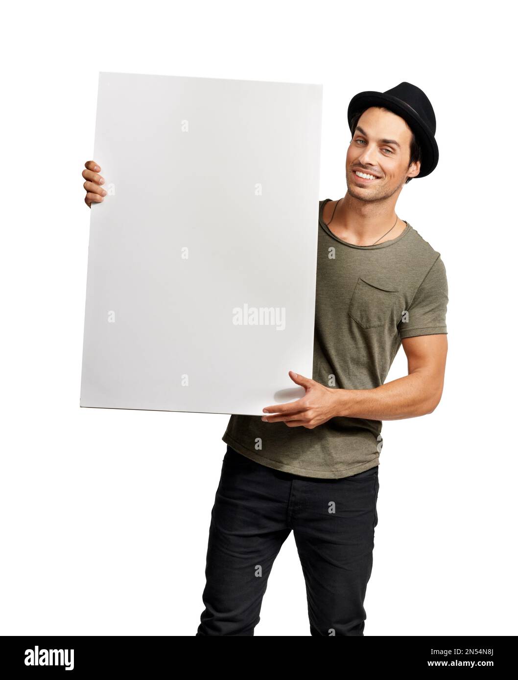 Advertising your product. A handsome young man holding a placard Stock ...