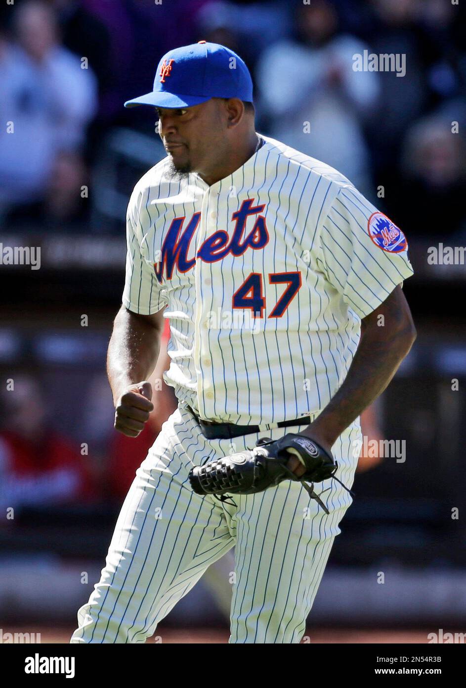 New York Mets relief pitcher Jose Valverde reacts after striking out ...