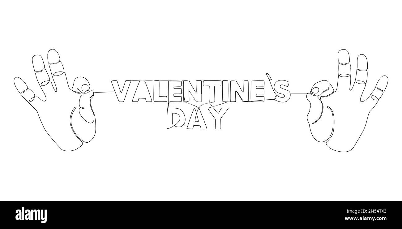 One Continuous Line Of Two Hand Holding A String With Valentines Day Word Thin Line