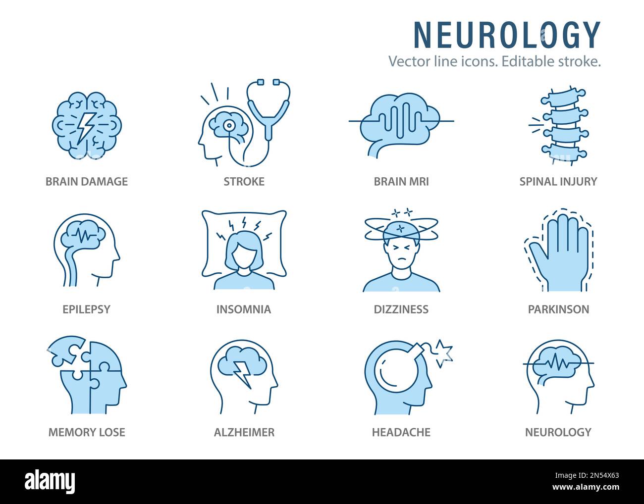 Neurology icons, such as Alzheimer's disease, Parkinson, insomnia ...