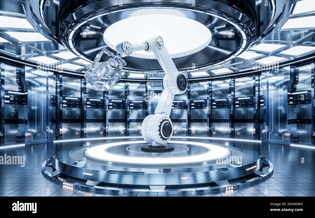 Mechanical arm and circuit core, 3d rendering. Digital drawing Stock ...