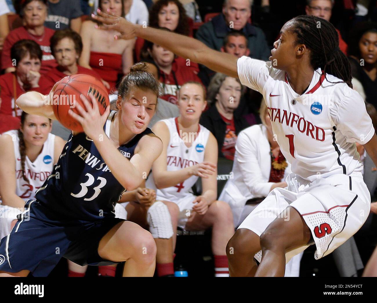 Penn State guard Maggie Lucas (33) is guarded by Stanford's Lili ...