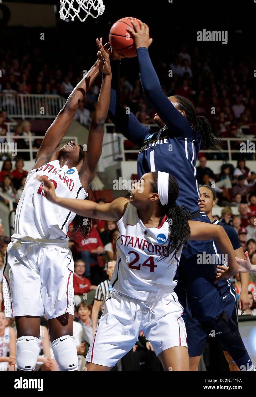 Stanford forward Chiney Ogwumike, left, forward Erica McCall (24) and ...