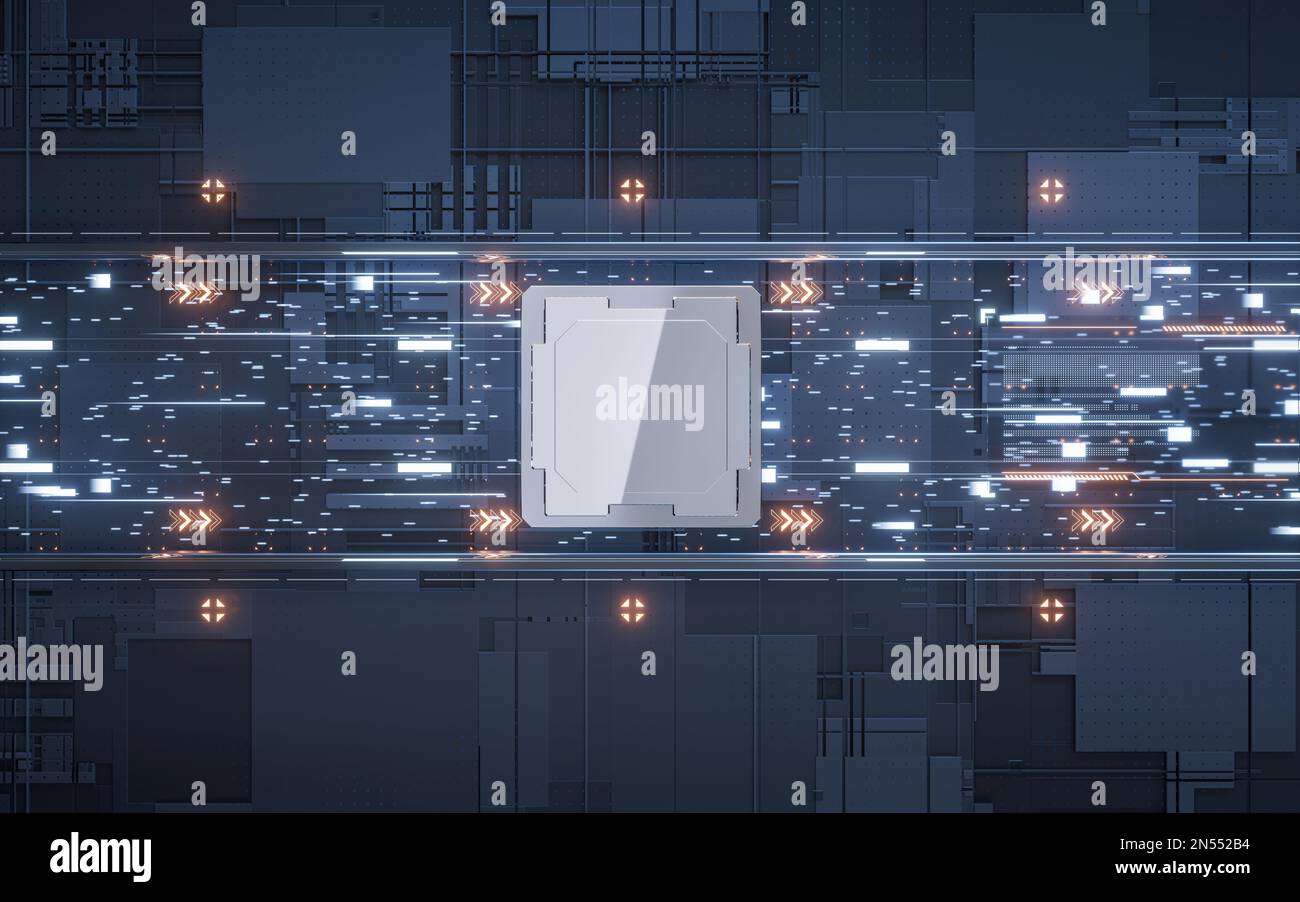 Circuit board and electrical chip core, 3d rendering. Digital drawing ...