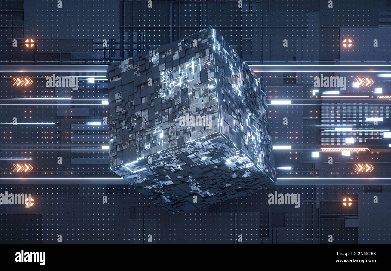 Circuit board and electrical chip core, 3d rendering. Digital drawing ...