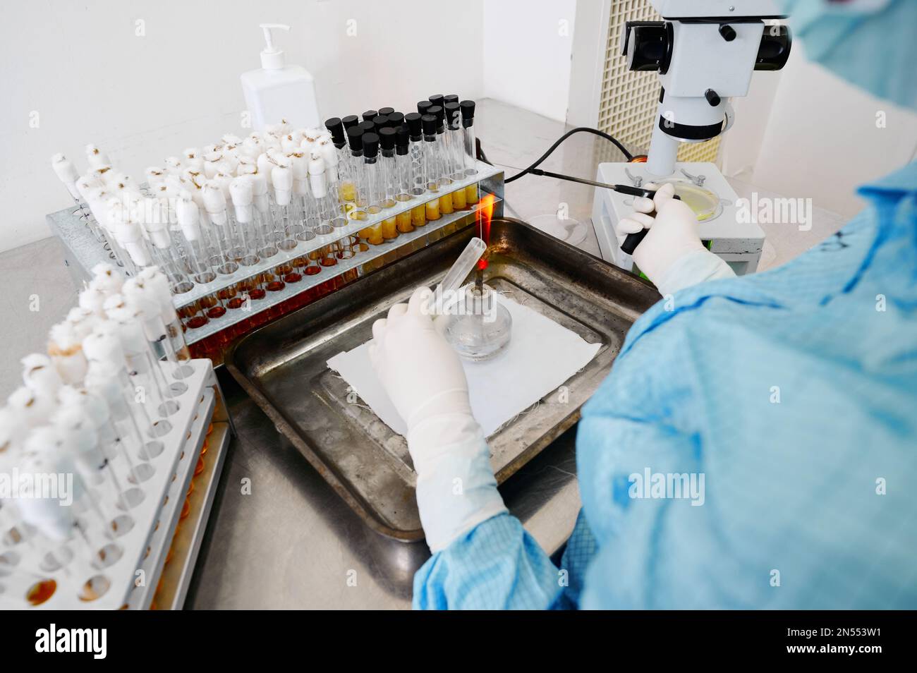 Specialist works on tests in flask investigating bacterium Stock Photo ...