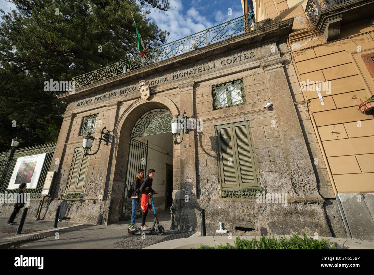 The front, arched, entrance gate, along the Riviera di Chiaia. At the ...