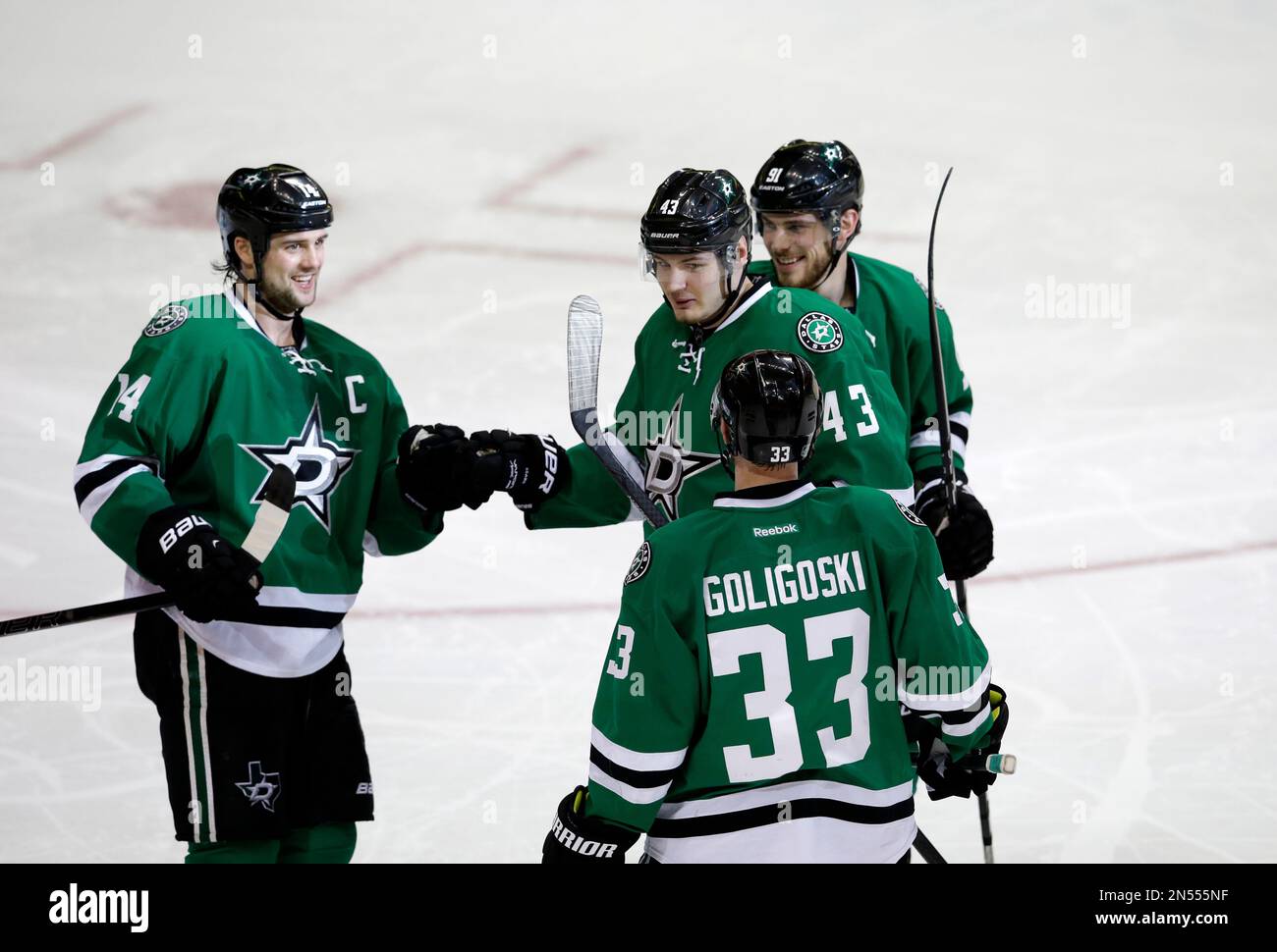 Dallas Stars' Jamie Benn (14), Alex Goligoski (33), Valeri Nichushkin ...