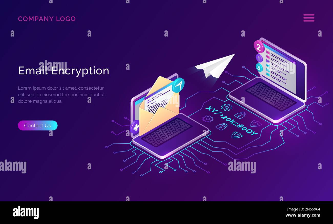 Email encryption, data security isometric concept vector. Open laptop ...