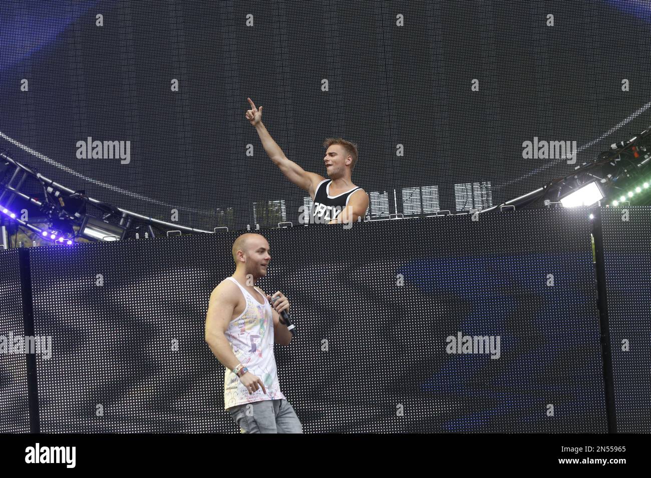 Wouter Janssen (l) and Sjoerd Janssen of Showtek performs at the Ultra ...
