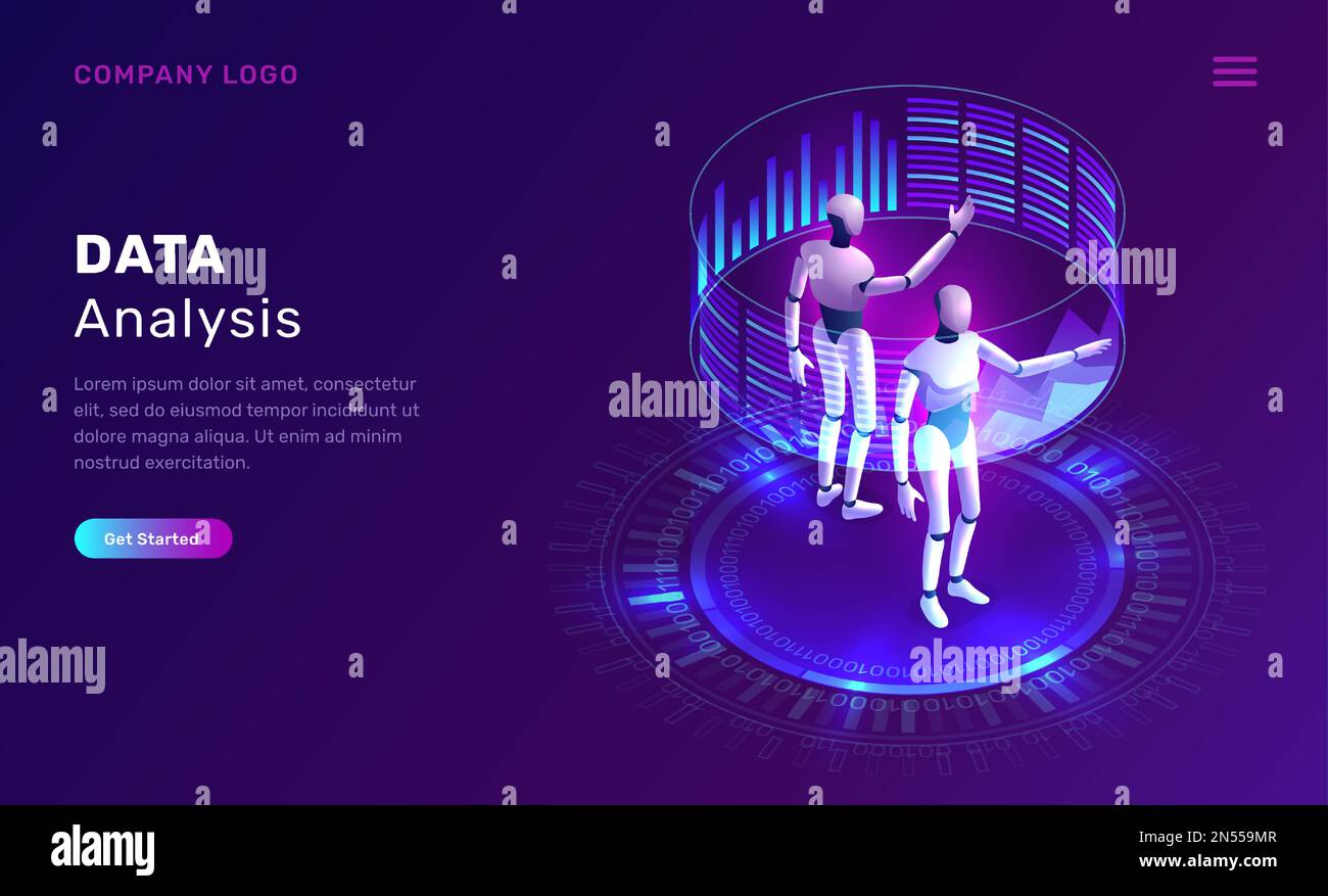 Data analysis, artificial intelligence isometric concept vector illustration. Two robots or ...