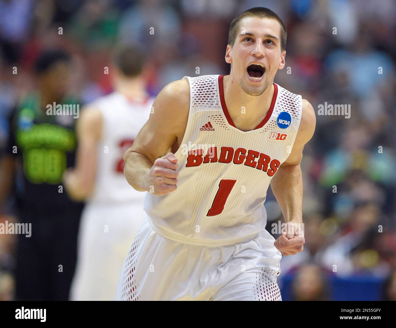 Wisconsin guard Ben Brust (1) reacts against Baylor during a regional ...