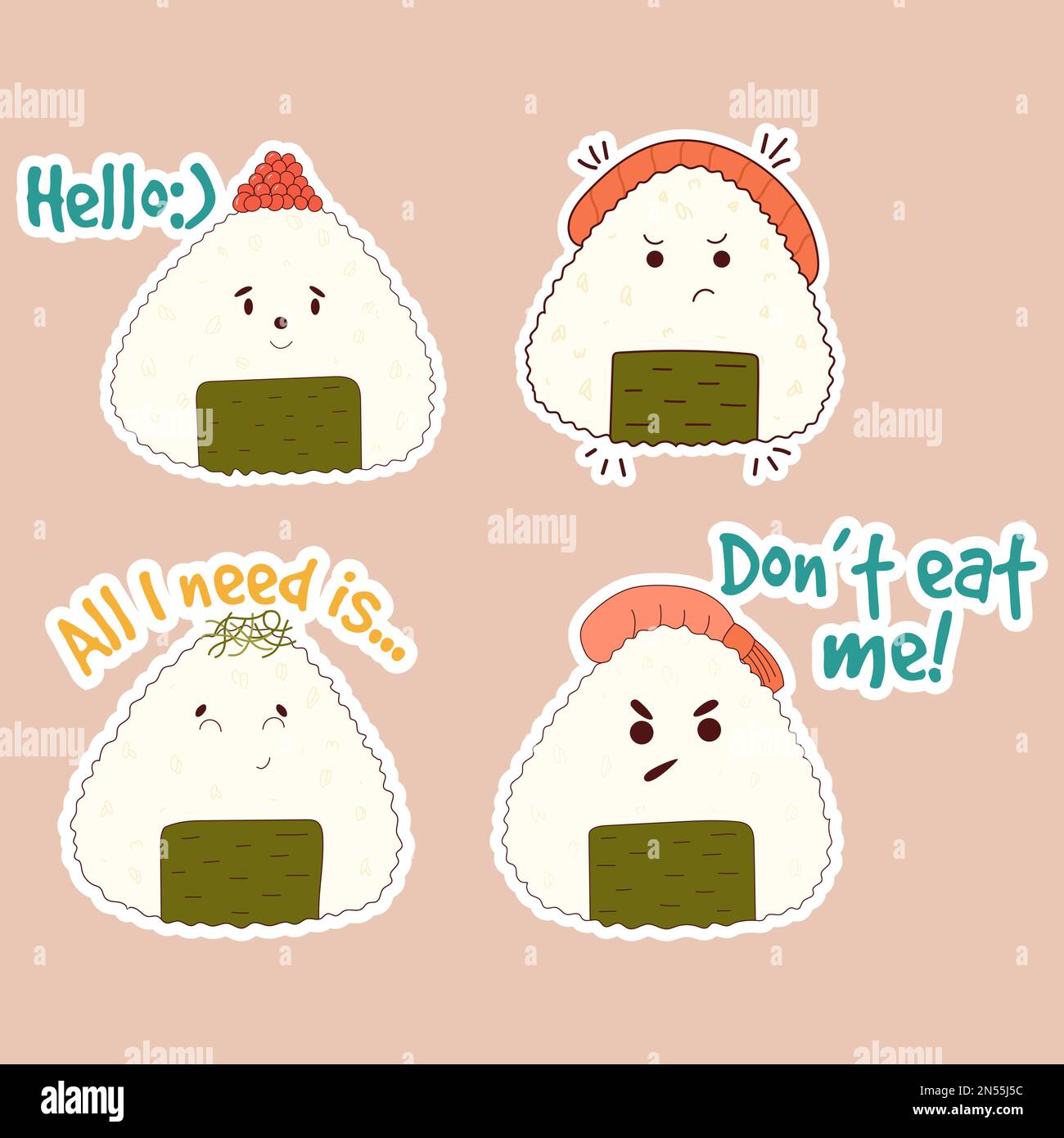 Traditional Japanese food. Asian cute onigiri with funny faces sticker ...