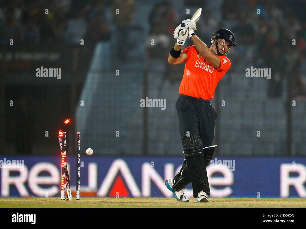 The bails fly off the wickets resulting in the dismissal of England's ...