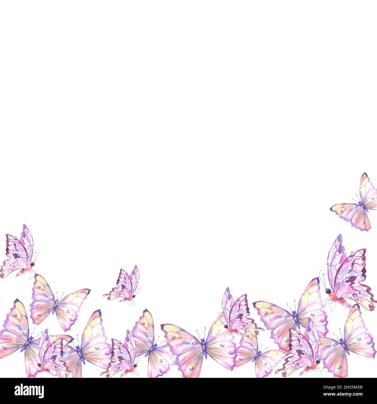 Watercolor illustration with delicate butterflies are pink, purple ...