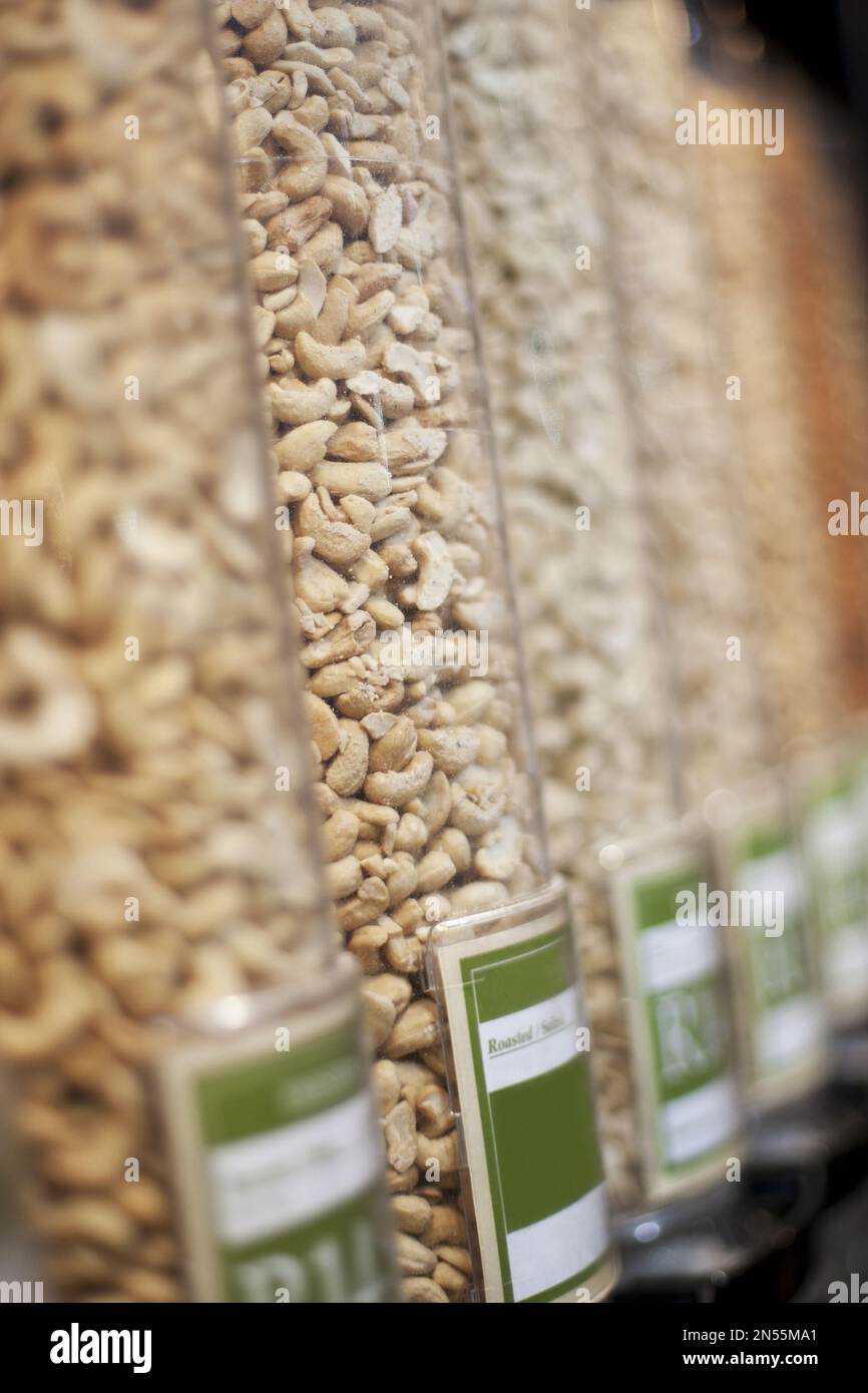 Food, grocery and shopping with nuts in supermarket for health ...