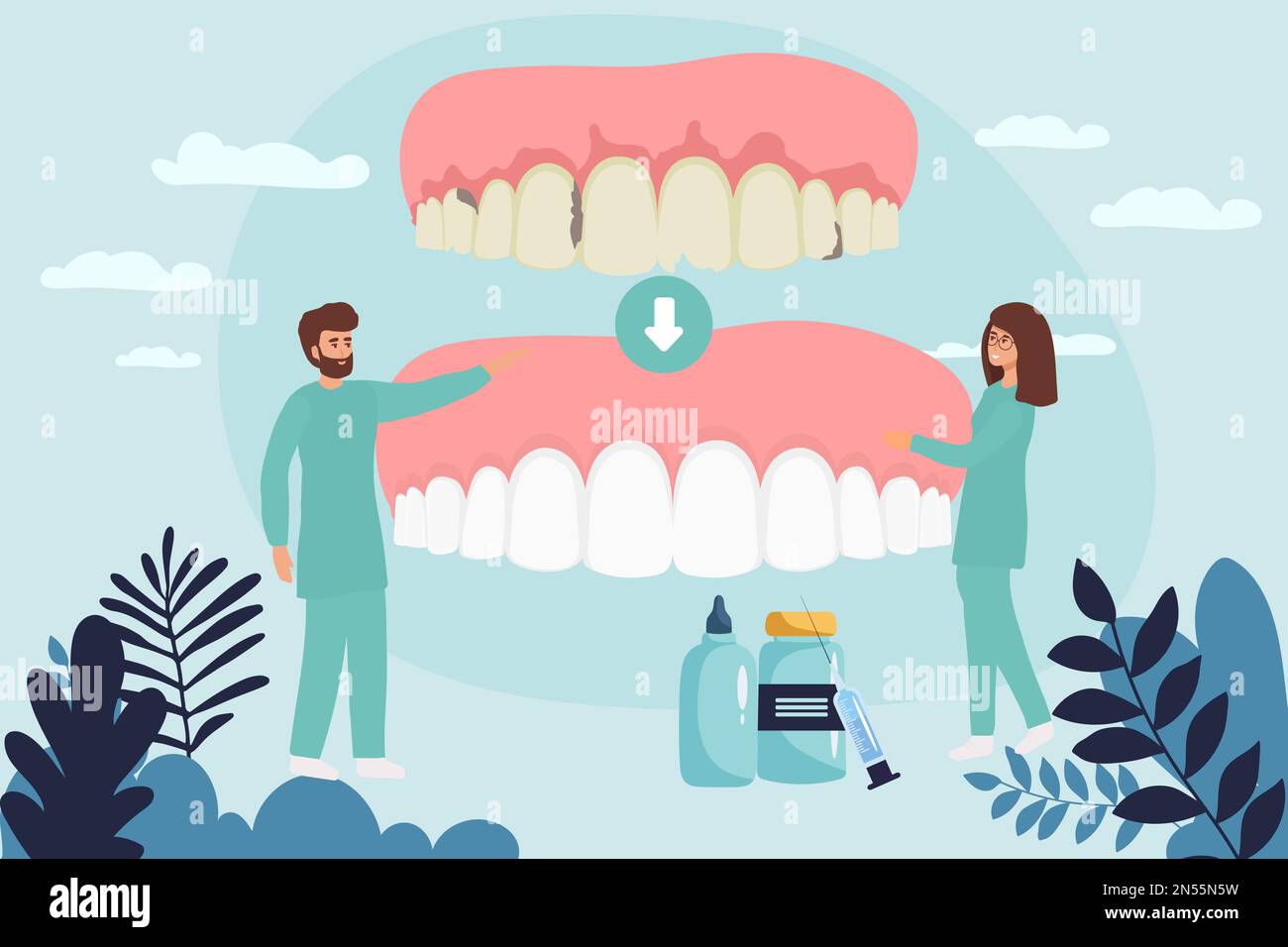 Dental clinic and healthcare concept. Woman and man dentists cartoon ... Dental clinic and healthcare concept. Woman and man dentists cartoon ...
