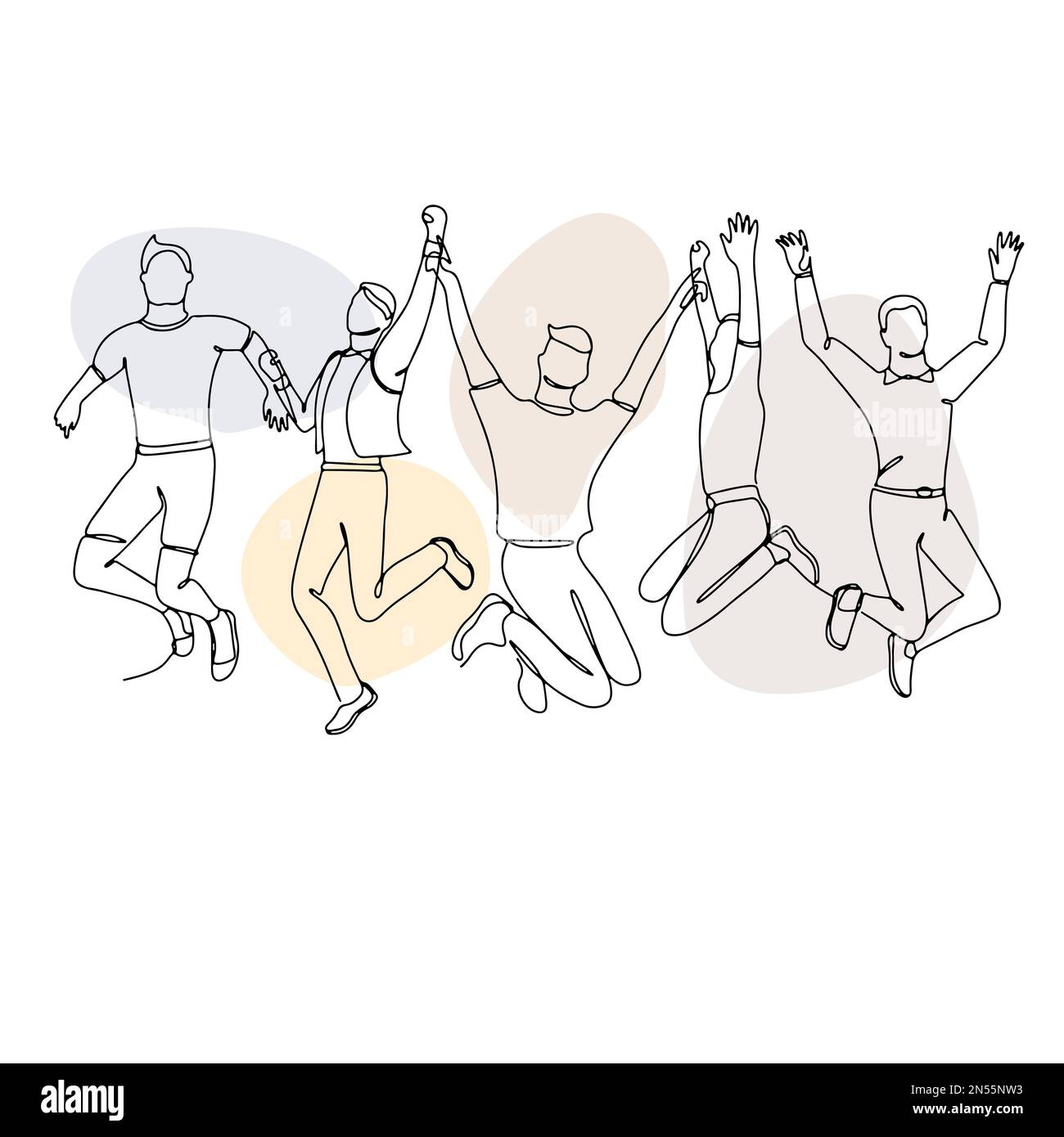 Single line drawing of jumping men with pastel abstract shapes Stock ...