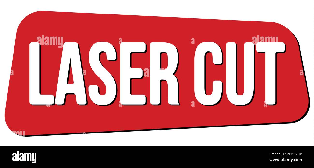 LASER CUT text written on red trapeze stamp sign Stock Photo - Alamy