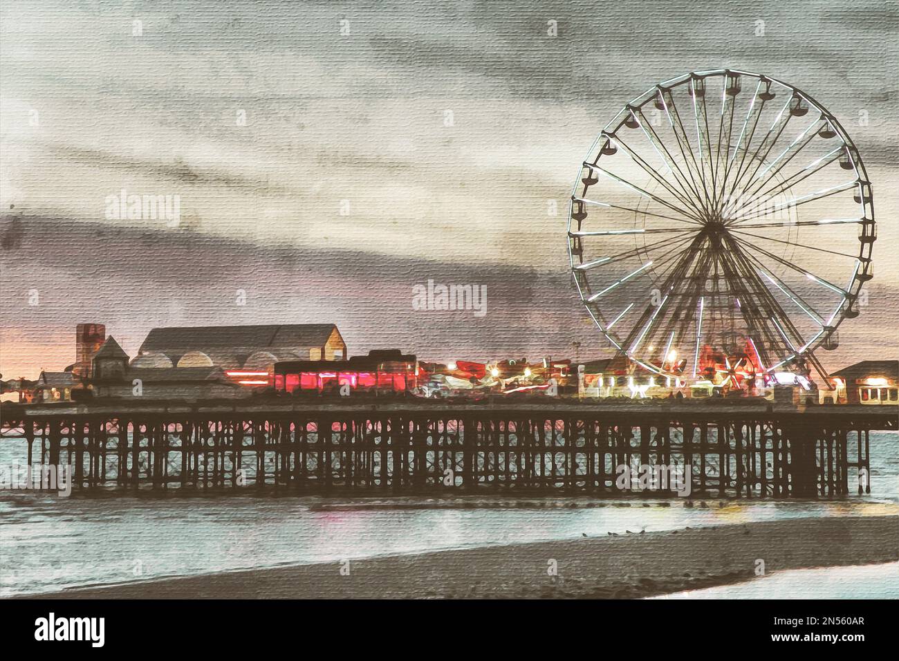 Watercolor painting on canvas. Blackpool England. Travel illustration ...