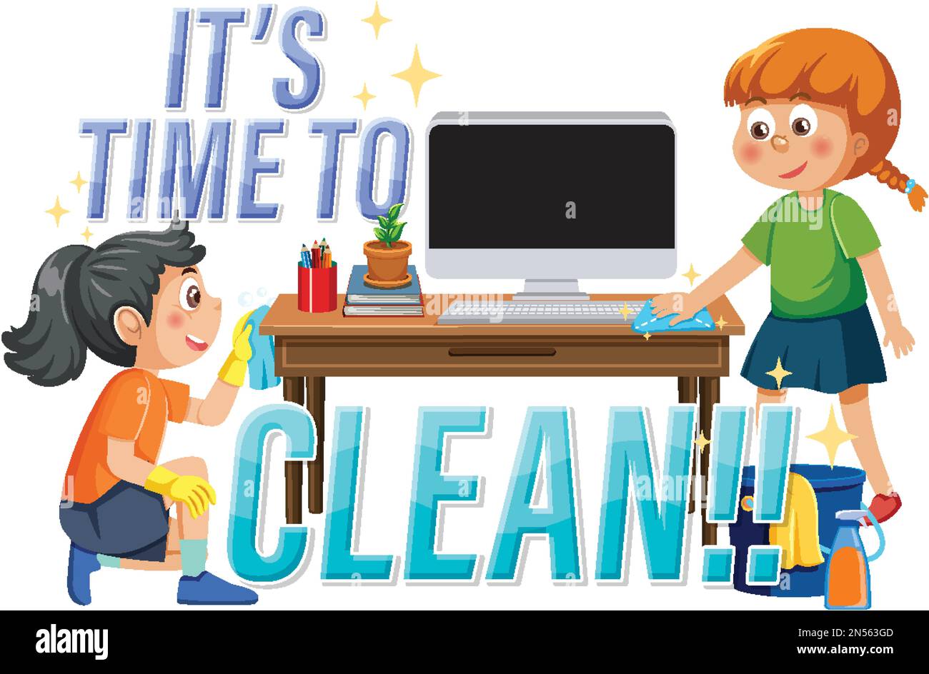 House cleaning text with cartoon character illustration Stock Vector ...