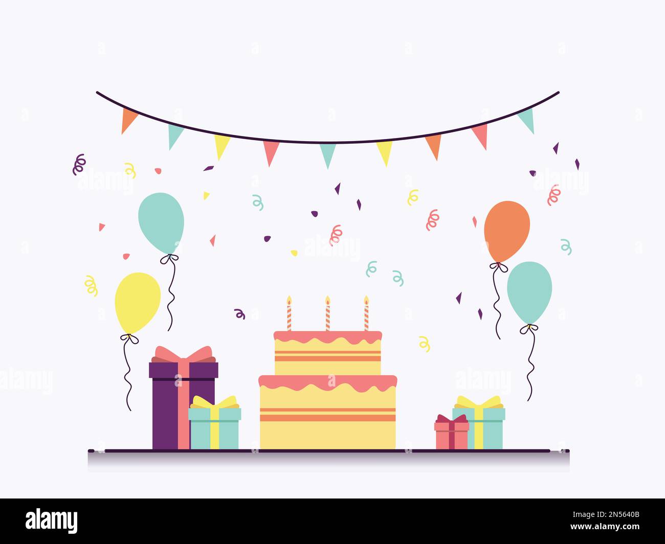 Birthday Cake with Gift Box and Balloons on a white background Flat ...