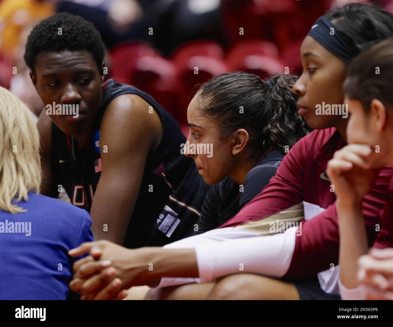 Florida State's Natasha Howard, left, and Cheetah Delgado, center, sit ...