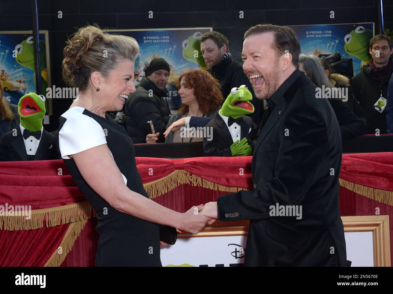 Ricky Gervais, Jane Fallon attend the Muppets Most Wanted - VIP film ...
