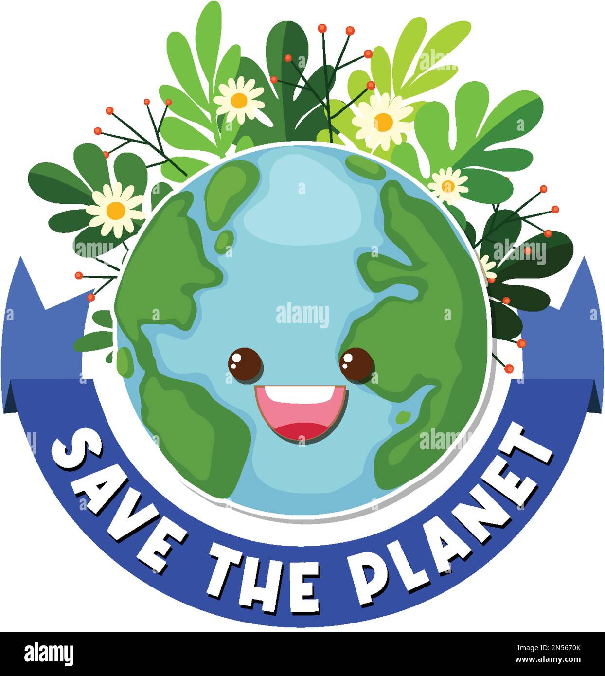 Save the planet text with a happy earth character illustration Stock ...