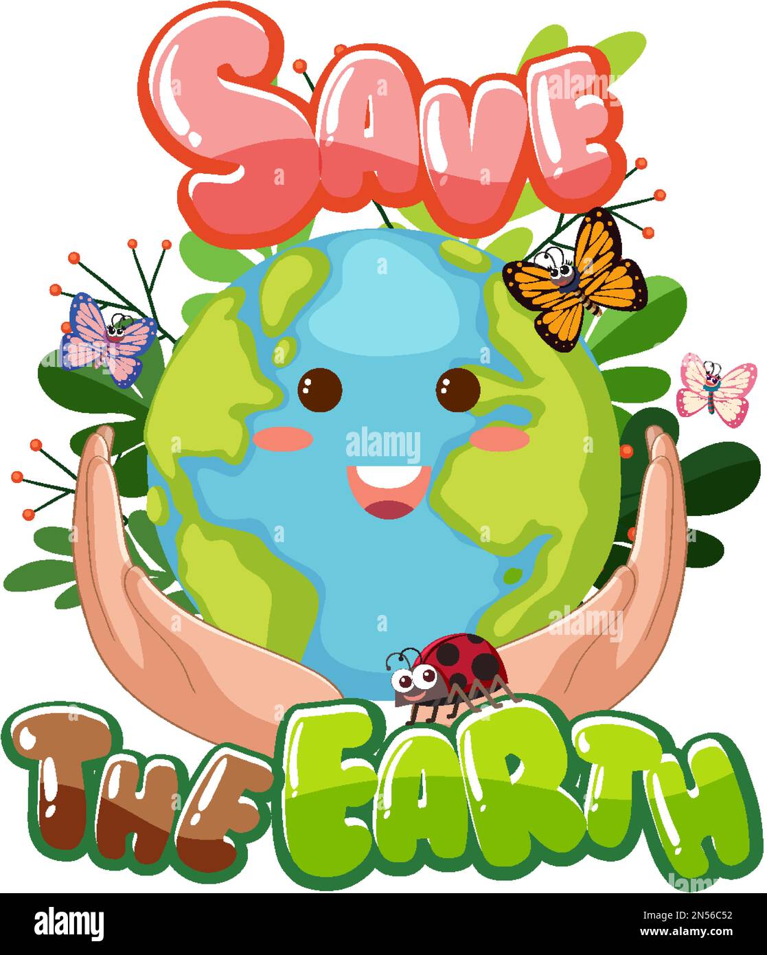 Save the earth text with a happy earth character illustration Stock ...