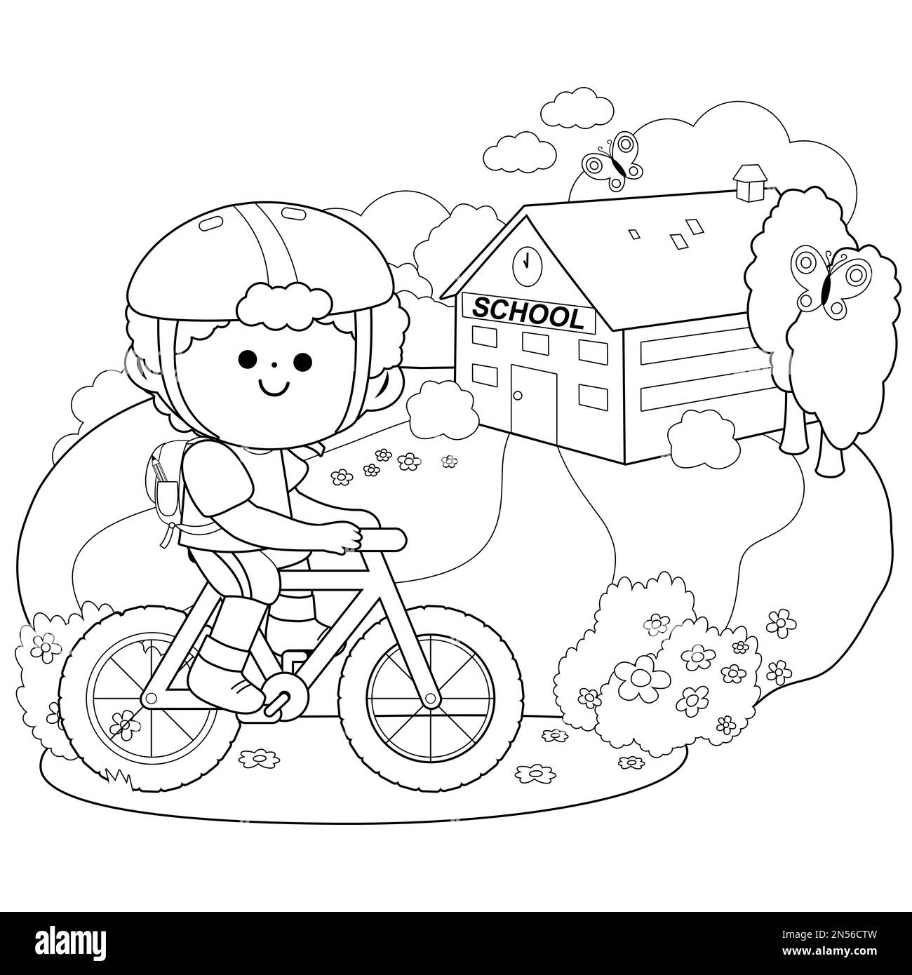 Little boy rides his bicycle to school. Black and white coloring page ...