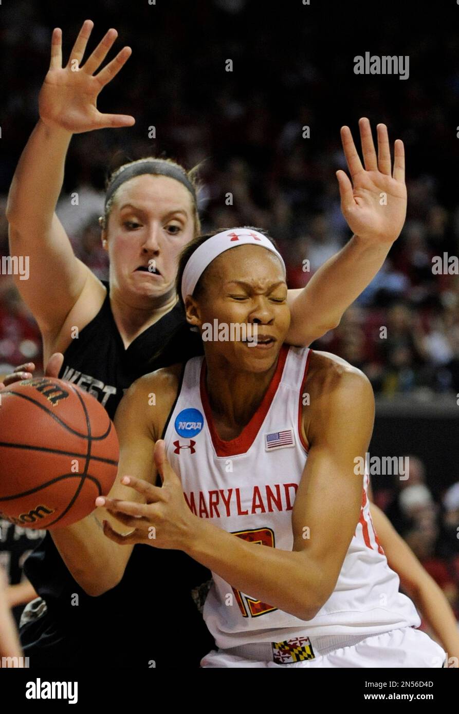Maryland's Alicia DeVaughn, right, is pressured by Army's Olivia ...