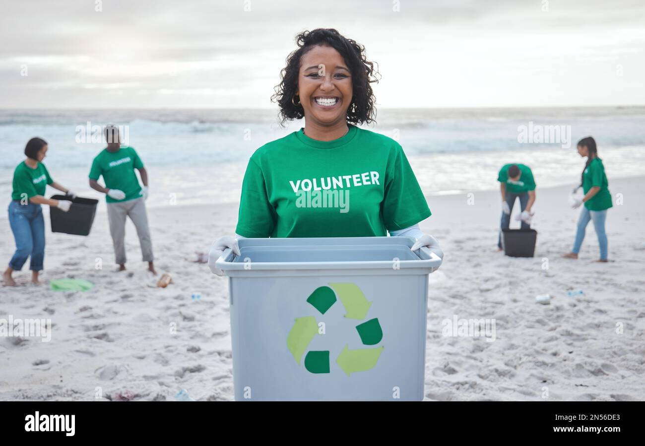 Recycle, box and portrait of woman at beach for plastic, environment or ...