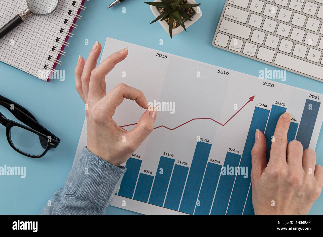 top view business items with growth chart hands giving okay sign ...