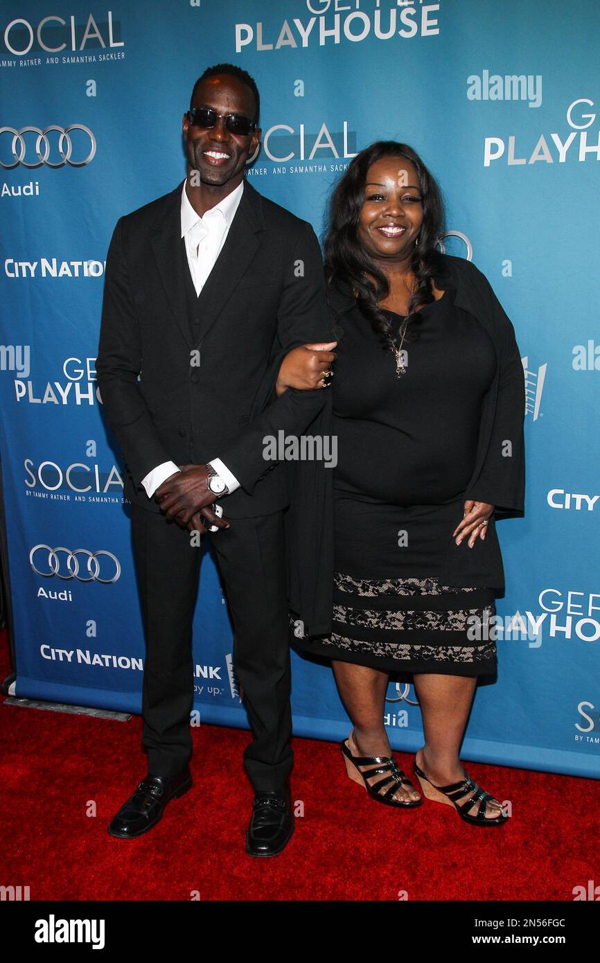 Lanre Idewu , left, and Cynthia Stafford arrive at Backstage At The Geffen Gala on Saturday ...