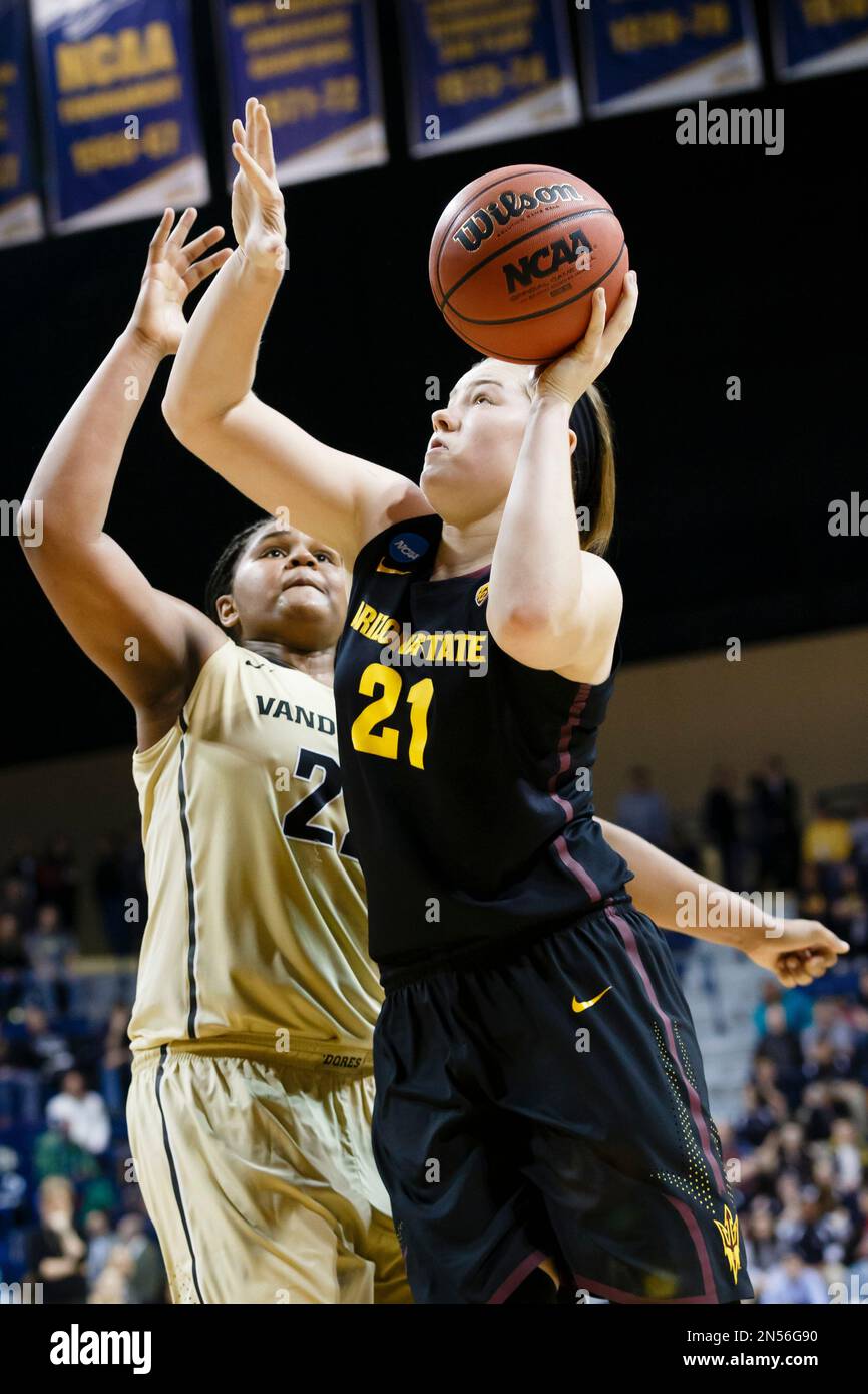 Arizona State forward Sophie Brunner (21) shoots on Vanderbilt forward ...