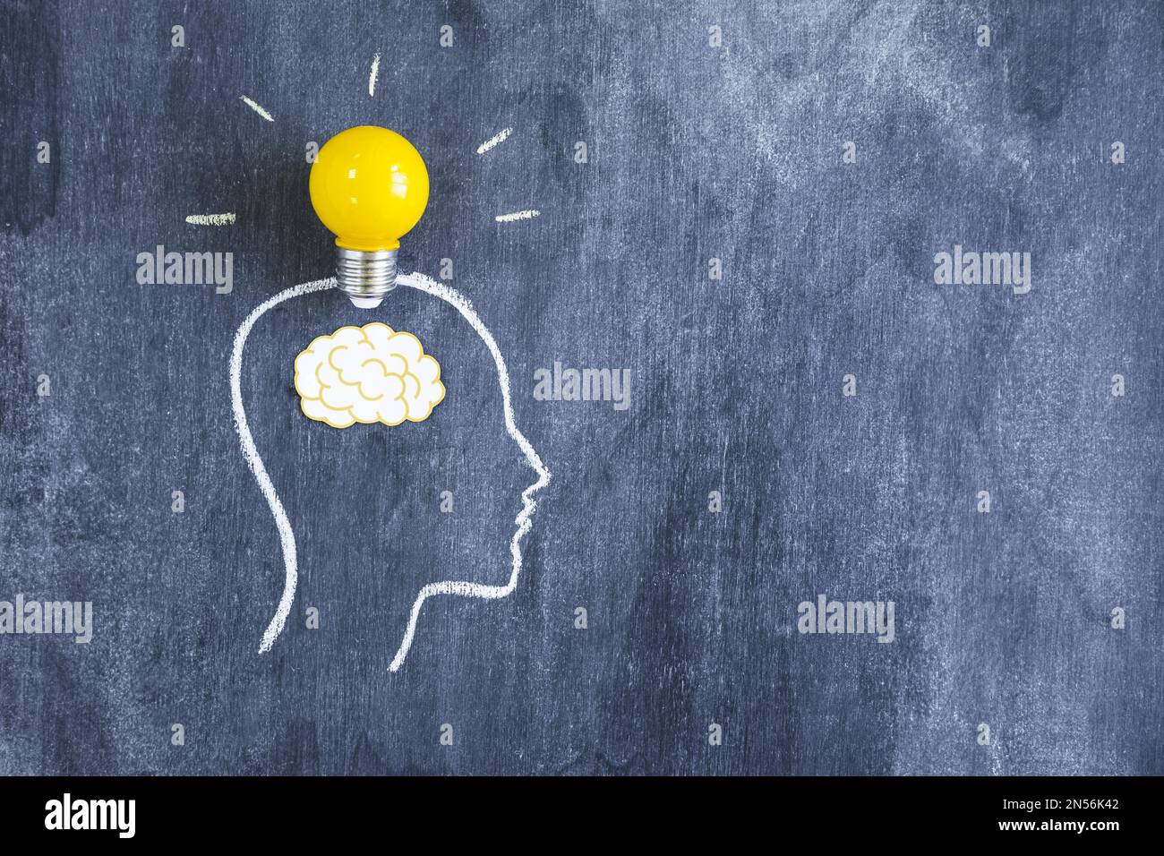 yellow light bulb paper cutout brain outline face made with chalk ...