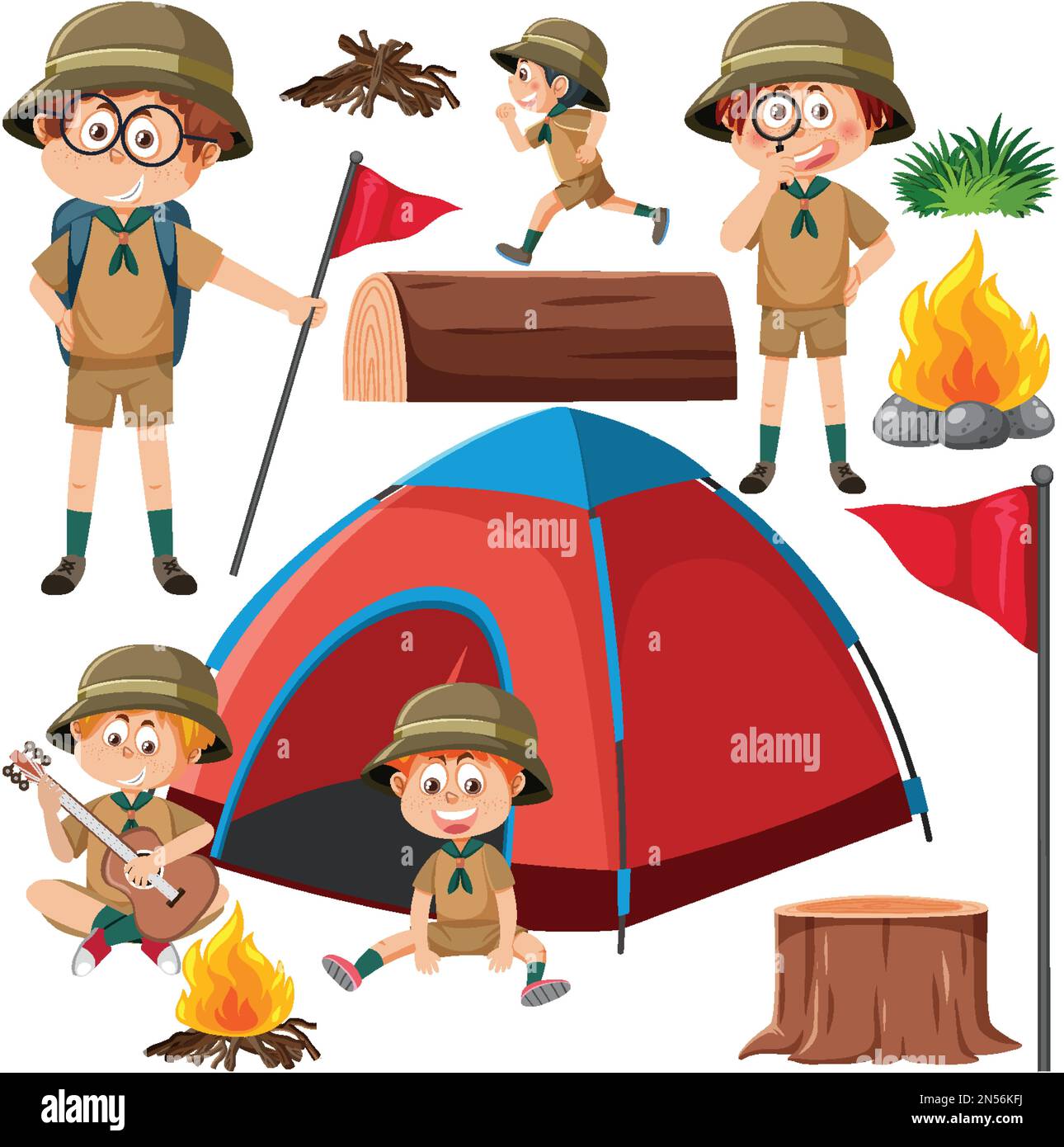Set of camping kids cartoon character illustration Stock Vector Image ...