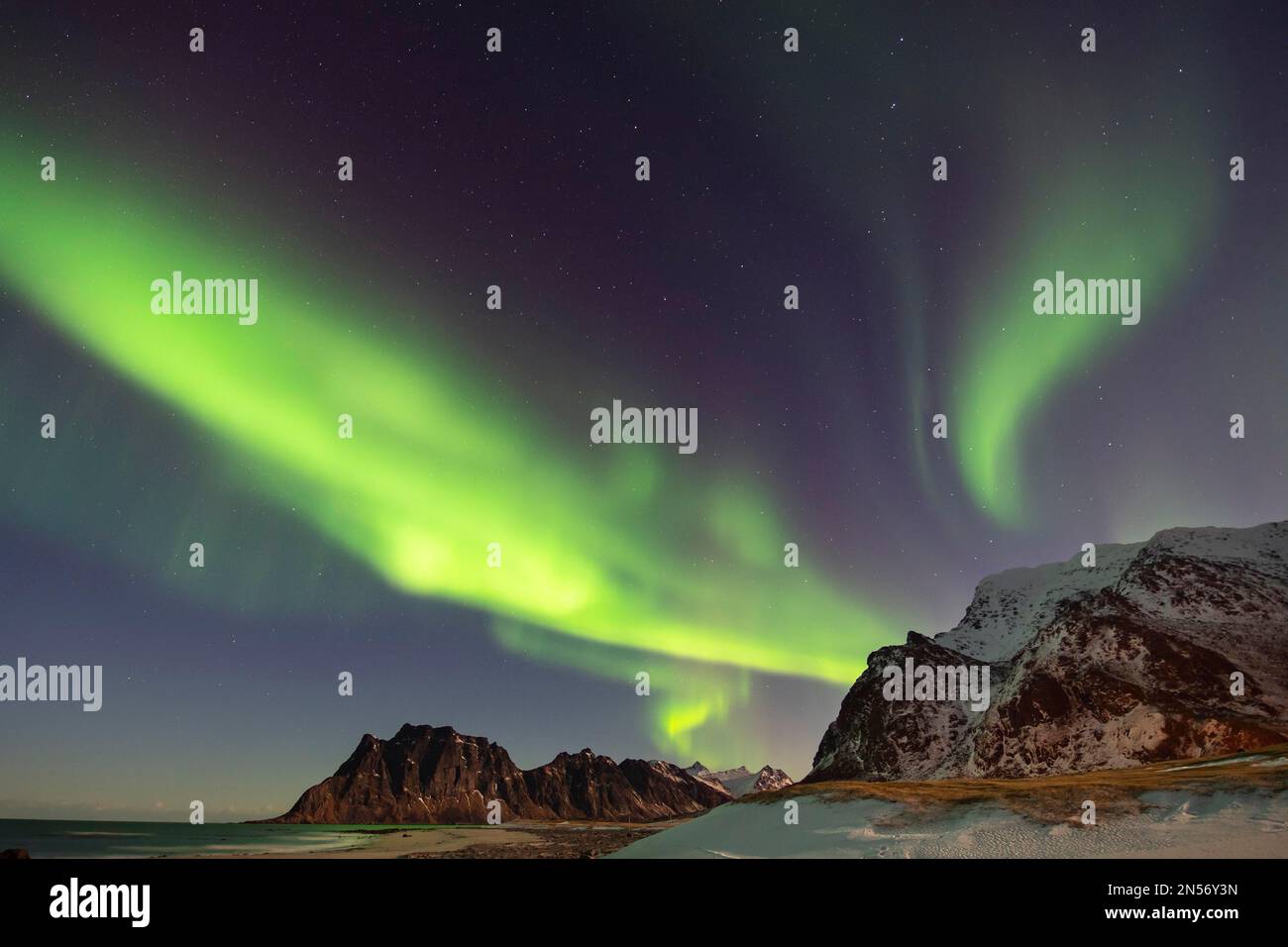 Northern lights (Aurora borealis) in winter Scandinavian landscape, sea ...