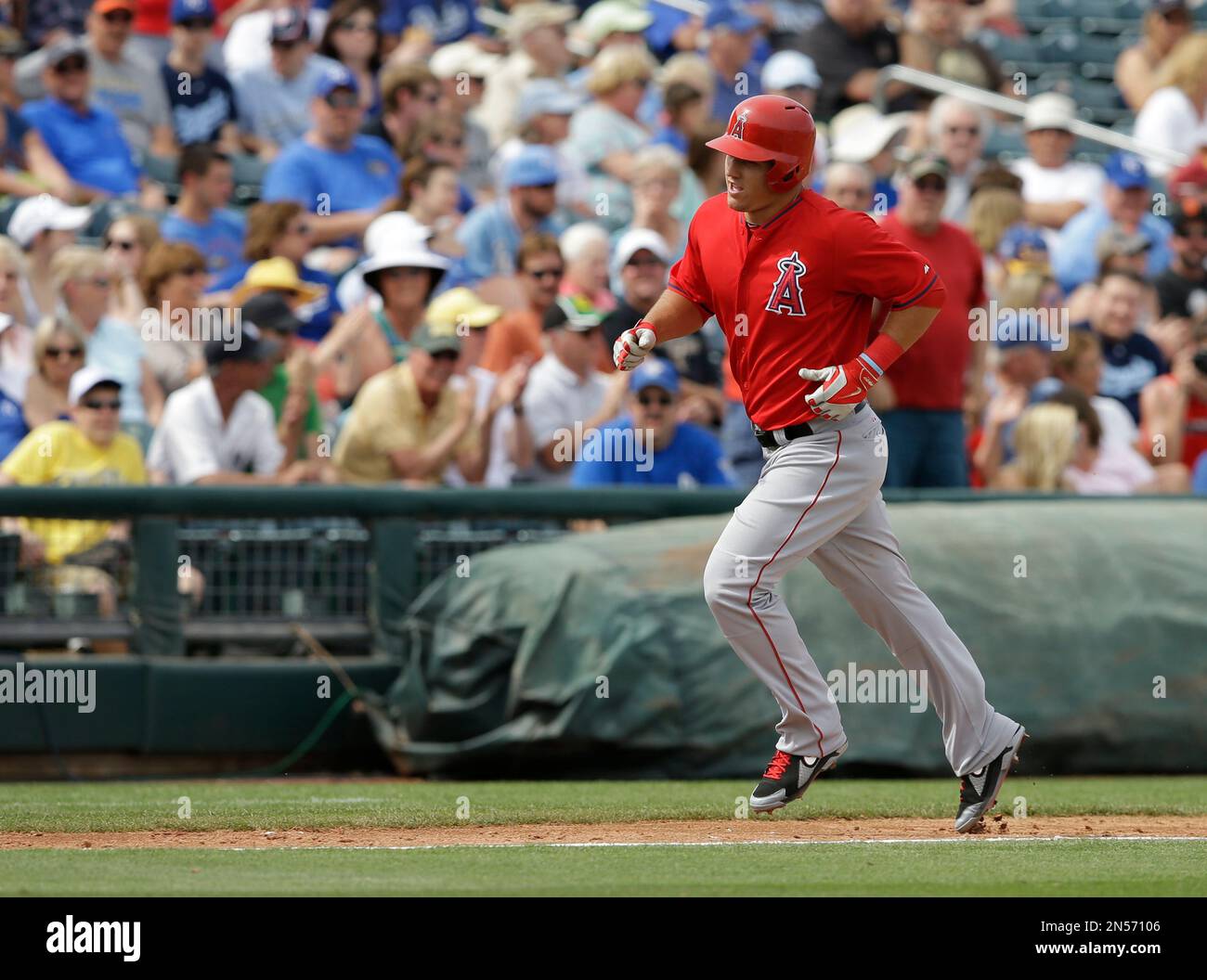 Los Angeles Angels' Mike Trout runs during a spring exhibition baseball ...
