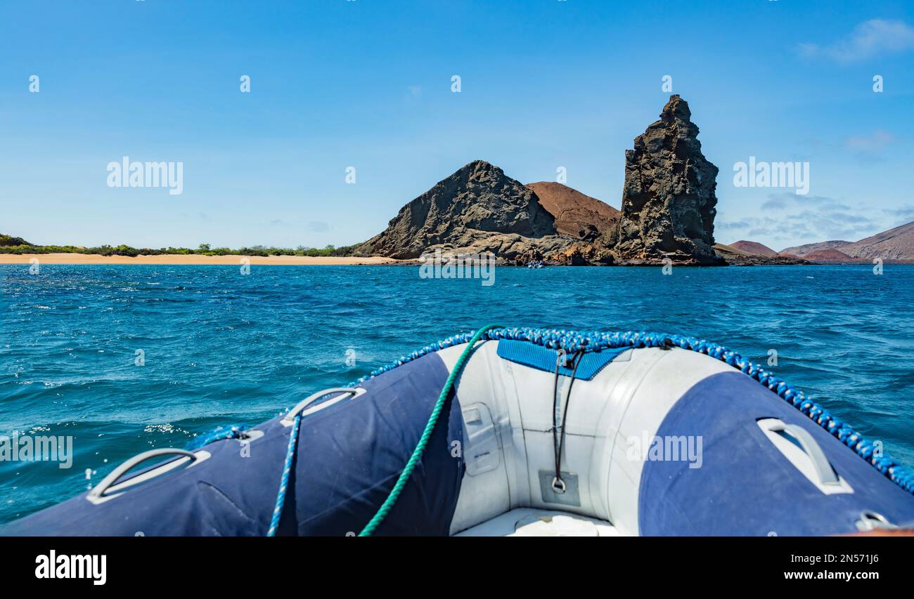 Galapagos Bartolome island islet with iconic Pinnacle Rock, sand ...