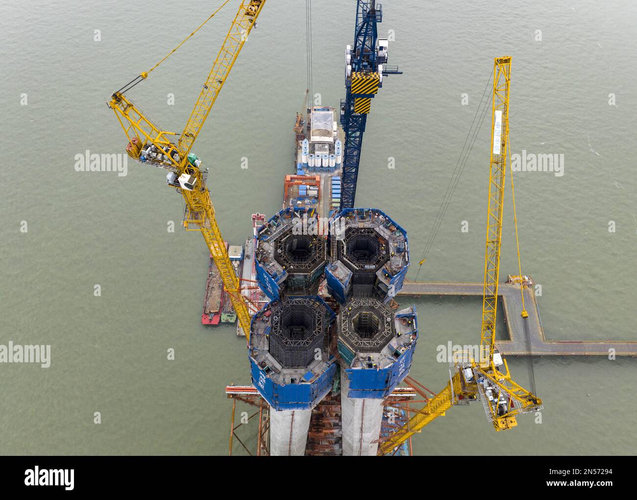 Aerial photo shows Changtai Yangtze River Bridge is under construction ...