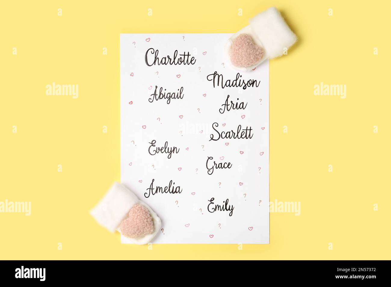 List of different baby names and newborn mittens on yellow background ...