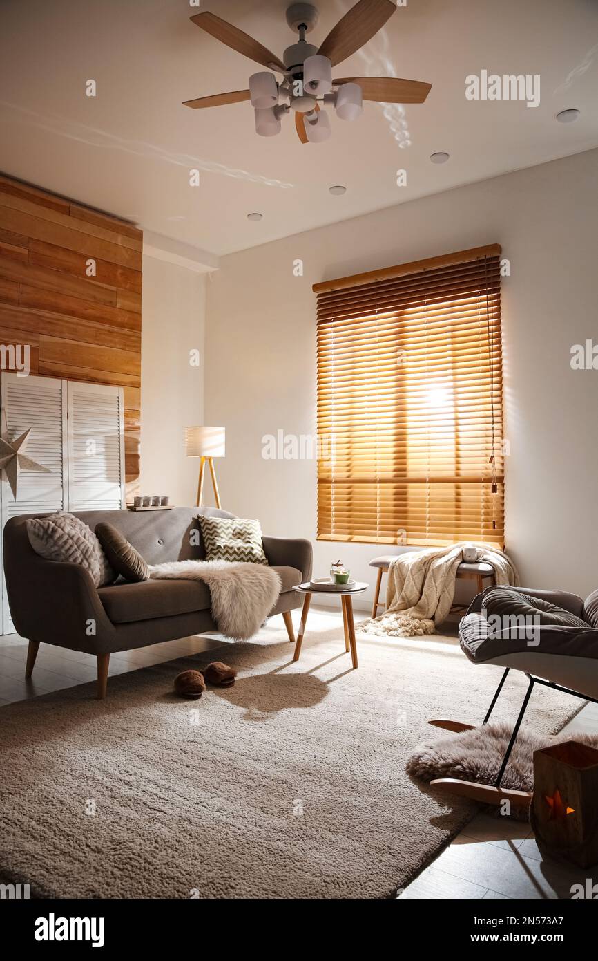 Spacious living room with comfortable sofa. Interior design Stock Photo ...