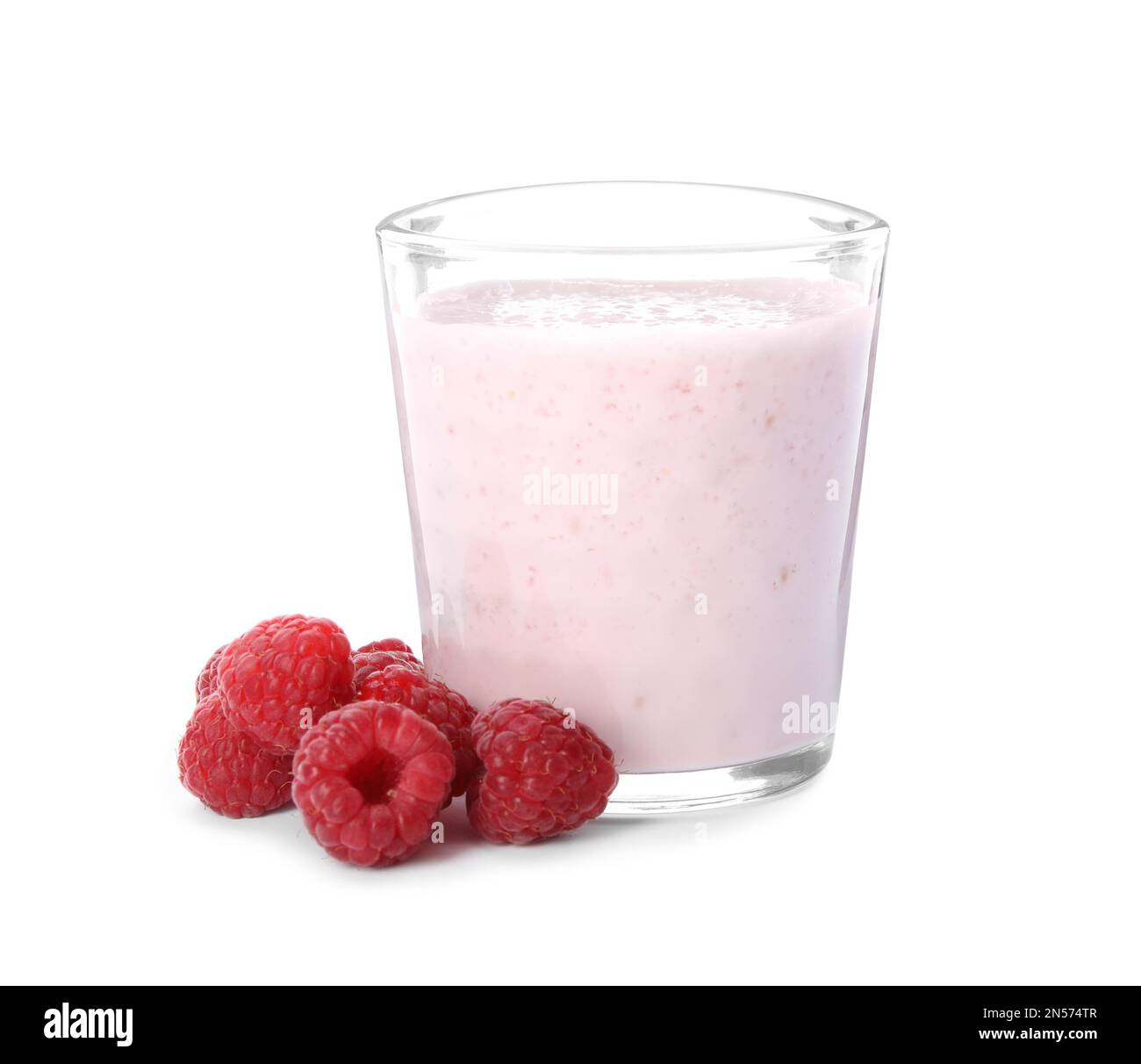 Tasty fresh milk shake with raspberries on white background Stock Photo ...