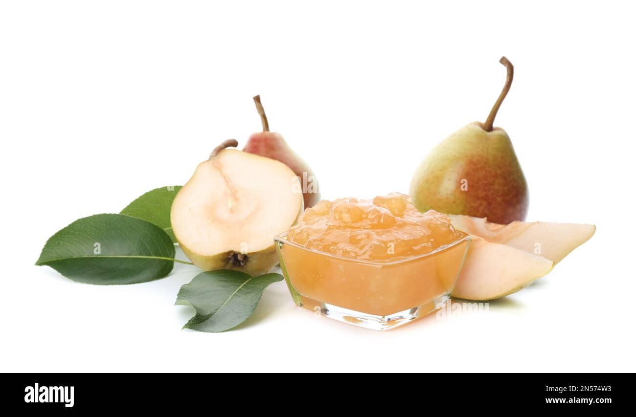 Delicious pear jam and fresh fruits on white background Stock Photo - Alamy