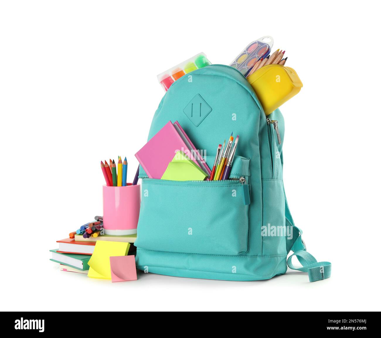Turquoise backpack with different school stationery on white background ...