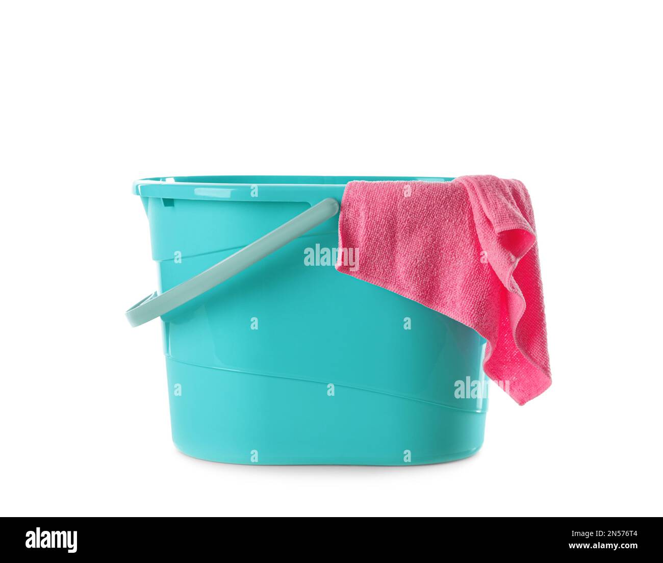 Plastic bucket and rag on white background. Cleaning supplies Stock ...