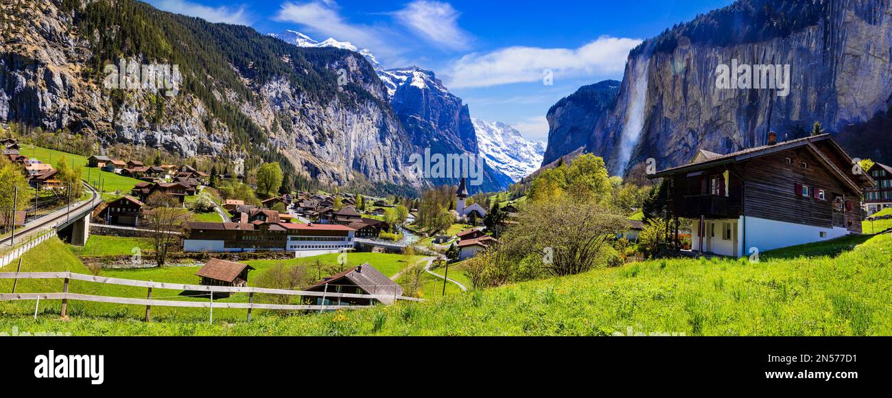 Amazing landscape of Switzerland Alps mountains and charming villages ...